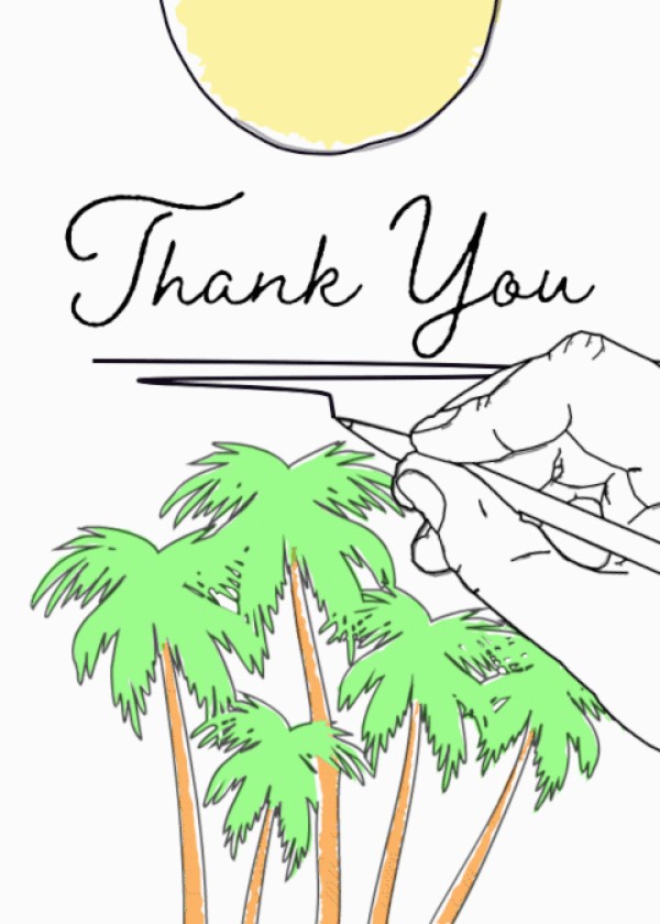 Animated hand-written thank you note with sin and palm trees